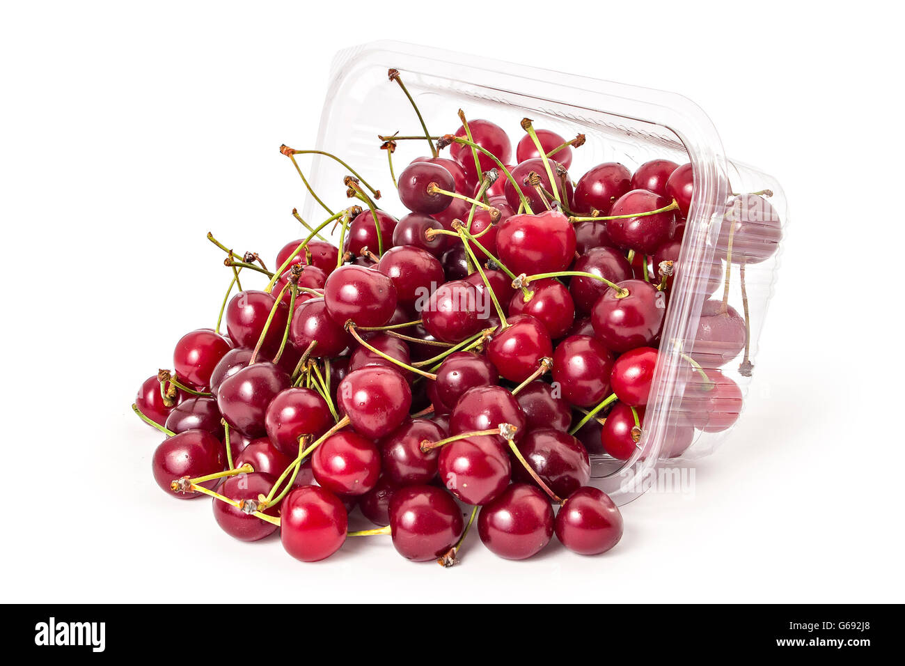 Box or punnet and spilled fresh ripe organic sour cherries isolated on ...