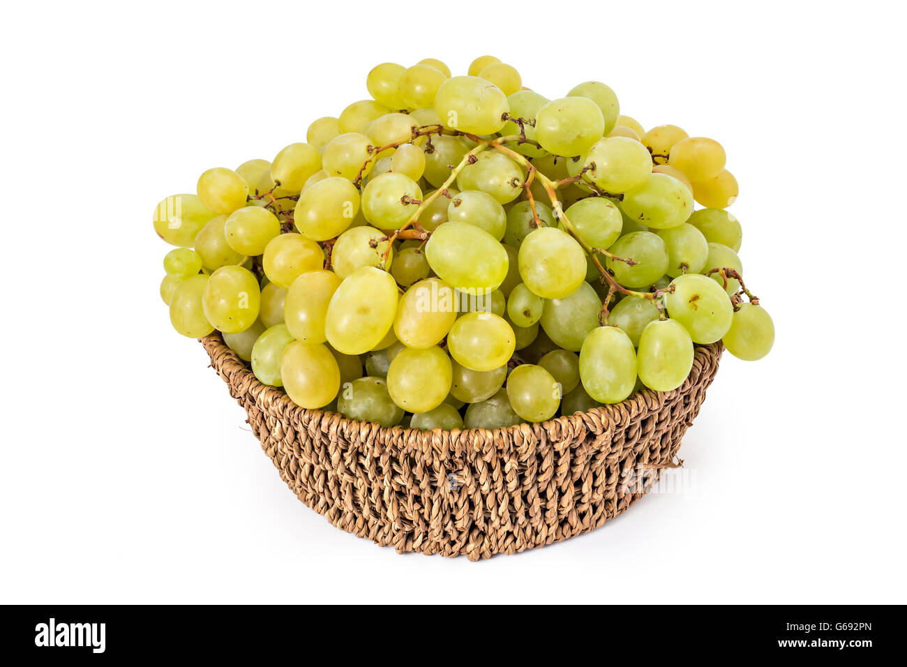 Fresh ripe white grapes in woven basket isolated on a white Stock Photo ...