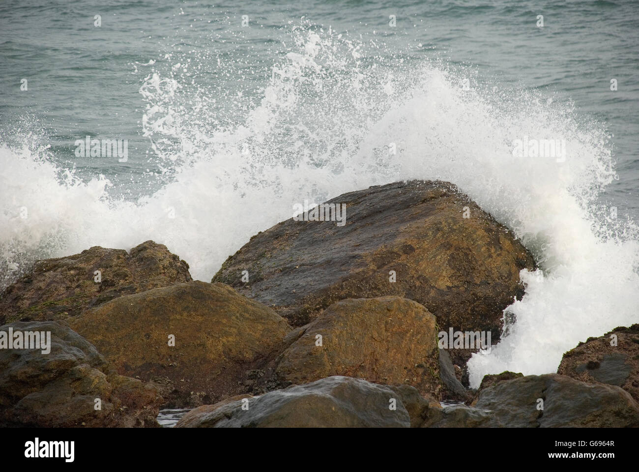 Waves splash over the rocks, Indian Ocean, Kanyakumari, Tamil Nadu ...