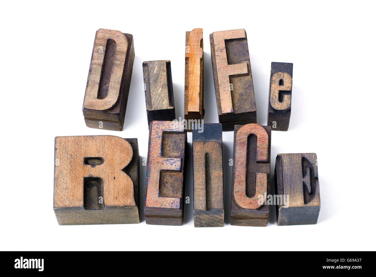 difference word made from scattered wooden letterpress type isolated on ...