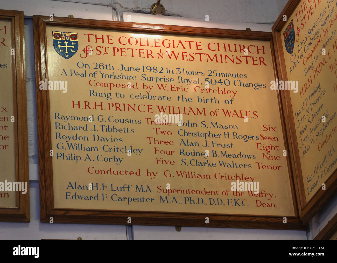 The plaque in the bell tower of Westminster Abbey showing the names of ...