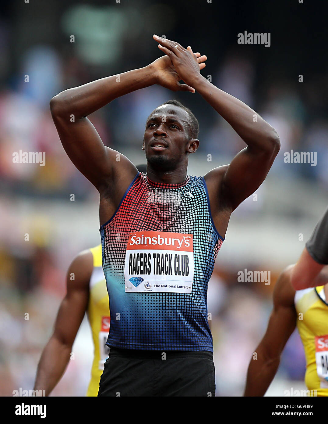 Jamaica's Usain Bolt representing the Racers track club celebrates ...