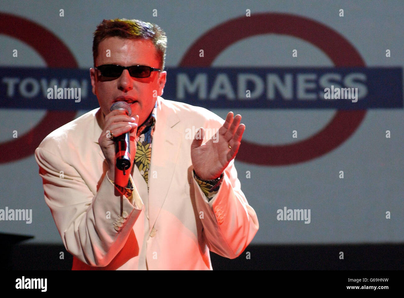 Madness lead singer Suggs performs on stage during a special concert ...