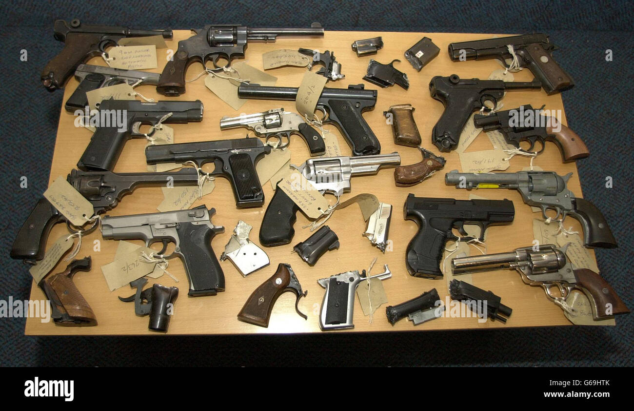 A selection of firearms and imitation weapons, on display at the launch ...