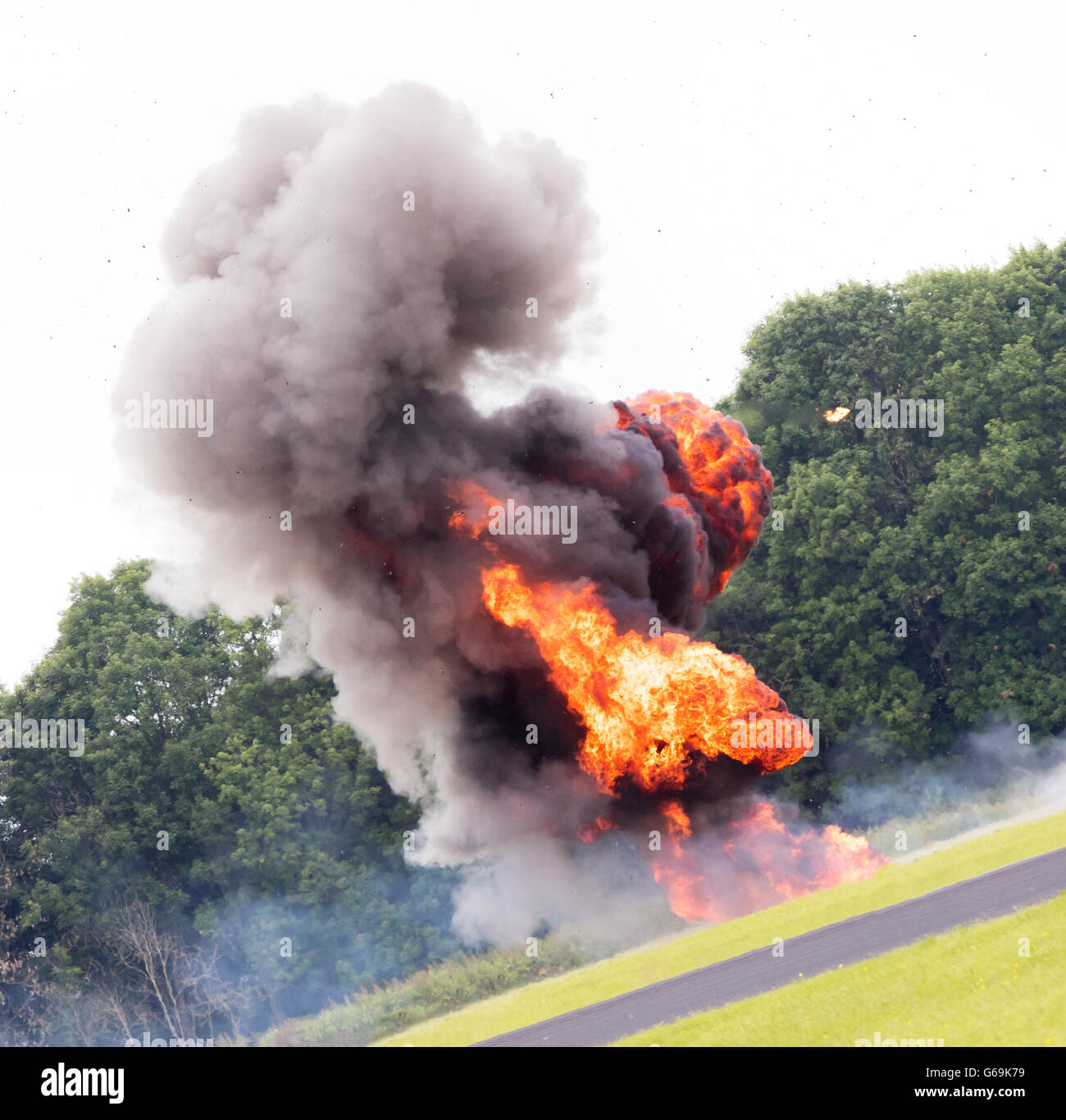 Airfield planned explosion, selective focus on the fireball Stock Photo ...