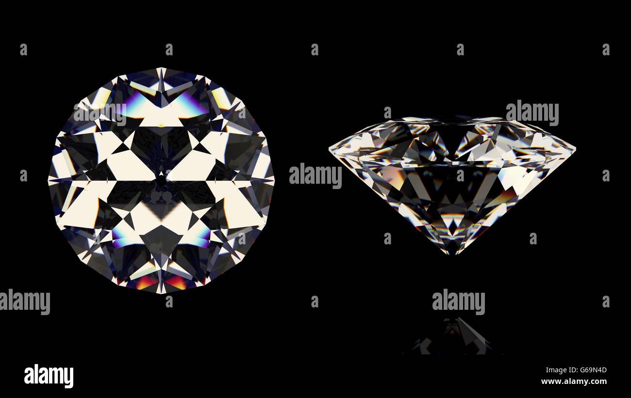 Shiny white diamond. Isolated on black background. Top and side view ...