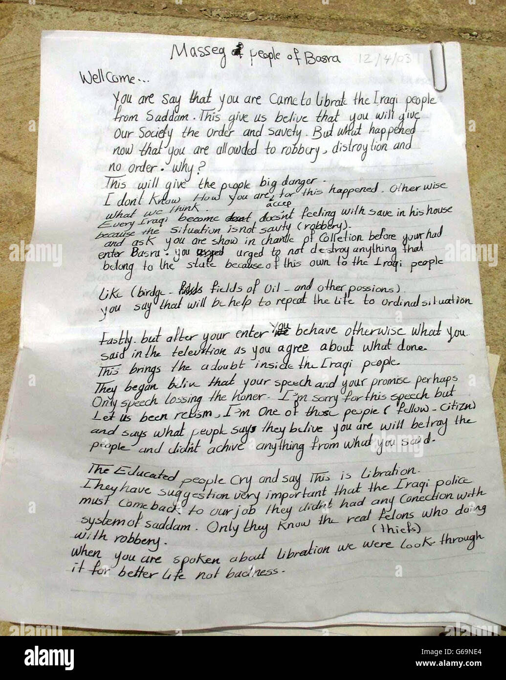 A handwritten letter by a married Iraqi woman called Khadif, handed in ...