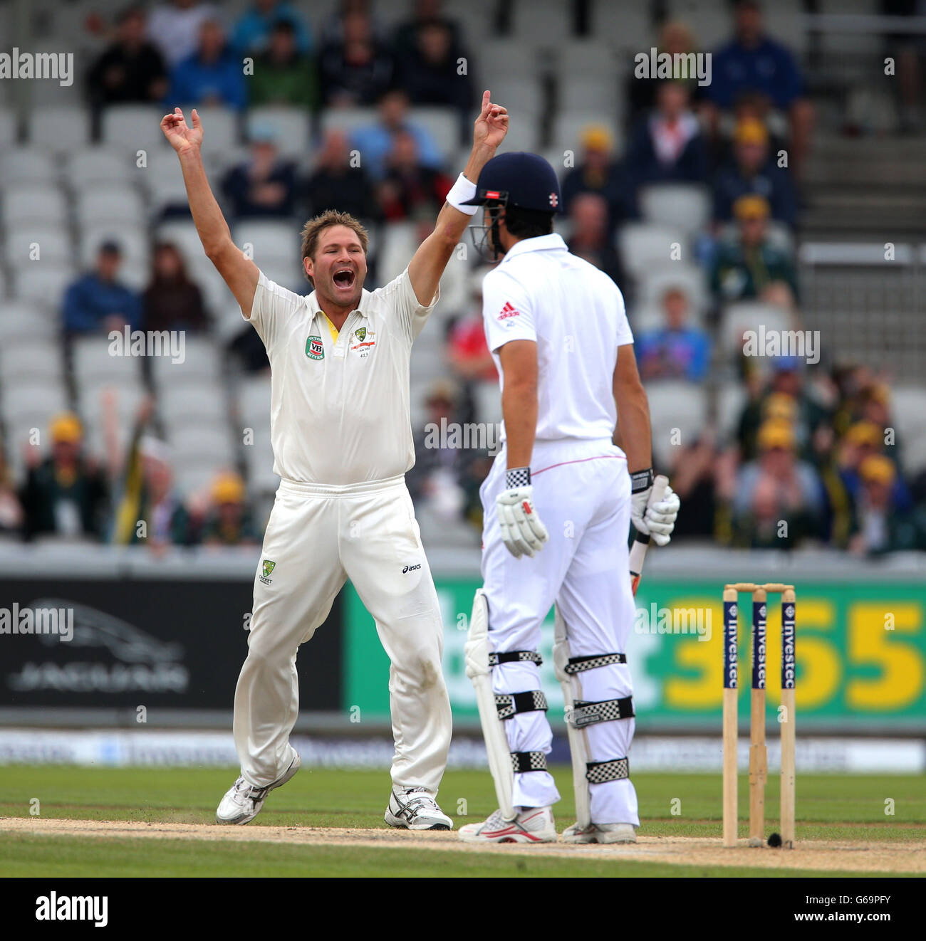 Australia bowler Ryan Harris celebrates trapping England captain ...