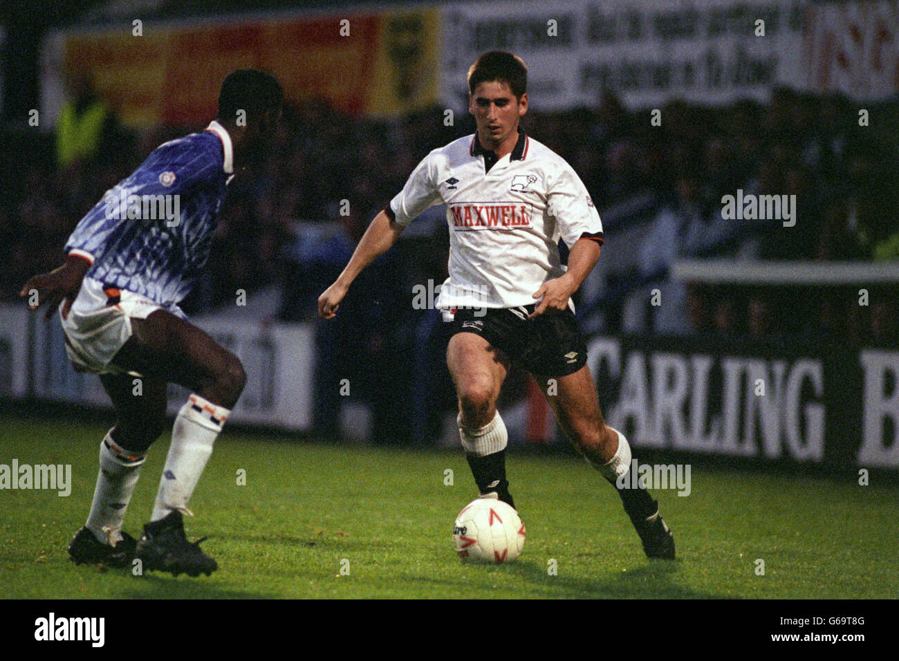 Derby countys nigel callaghan takes on luton towns marvin johnson hi ...