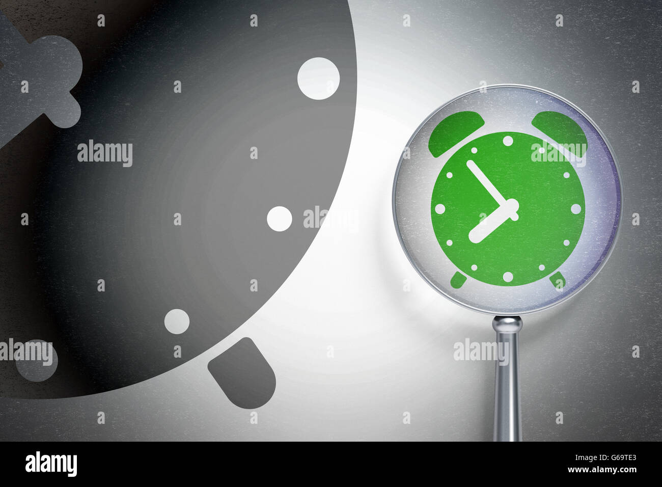 Timeline concept: Alarm Clock with optical glass on digital background ...