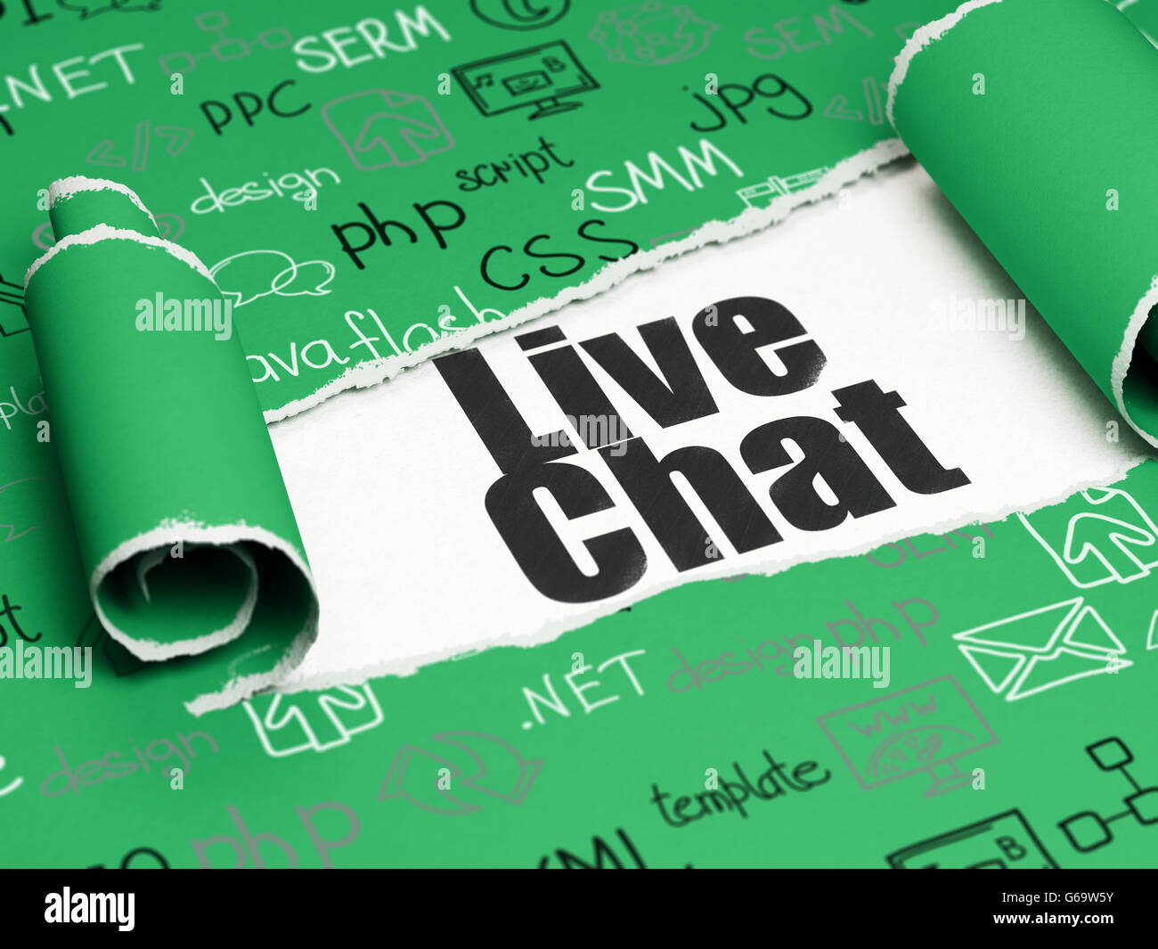 Web development concept: black text Live Chat under the piece of torn ...