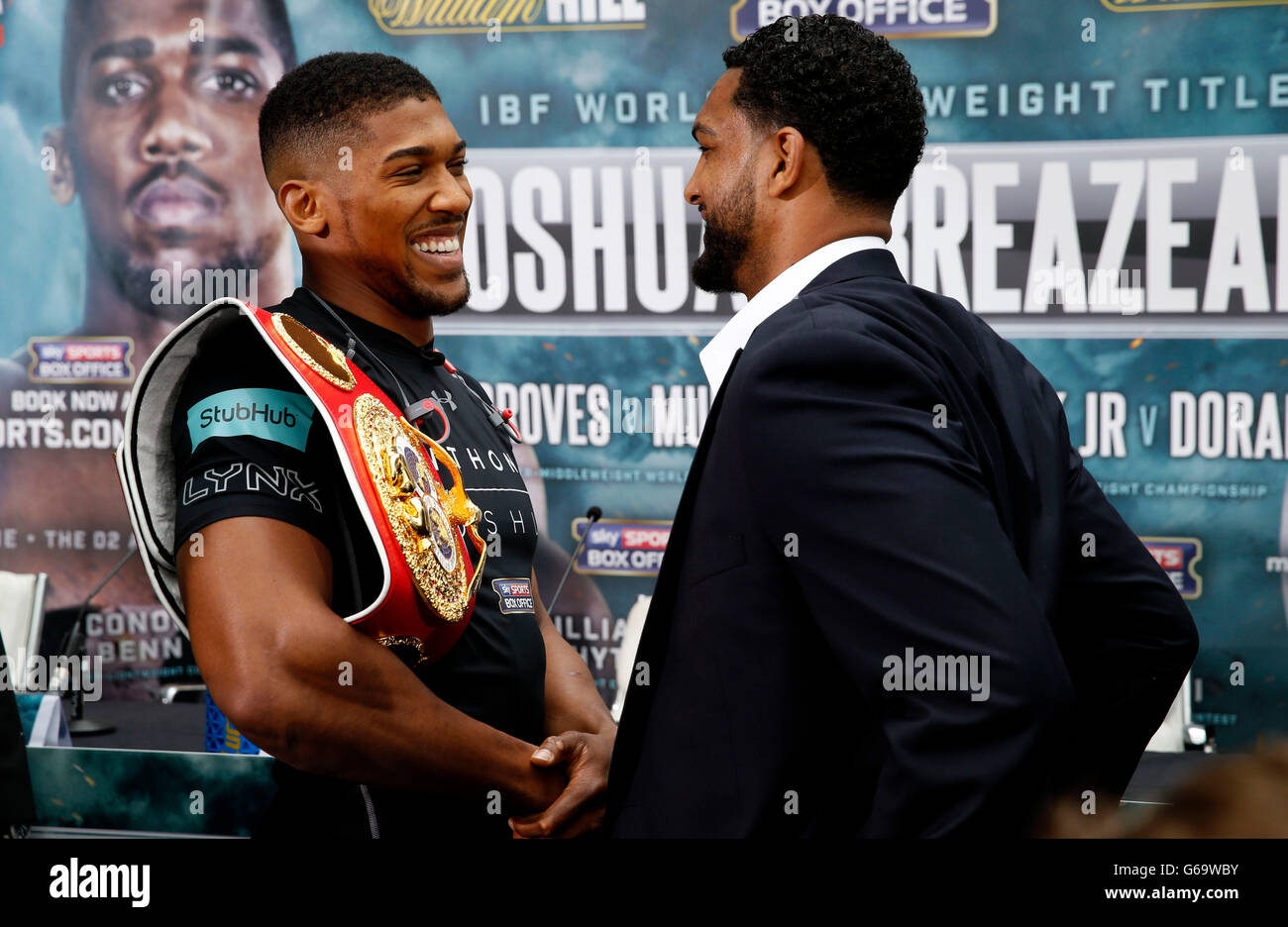 Anthony Joshua (left) and Dominic Breazeale go head to head during a ...