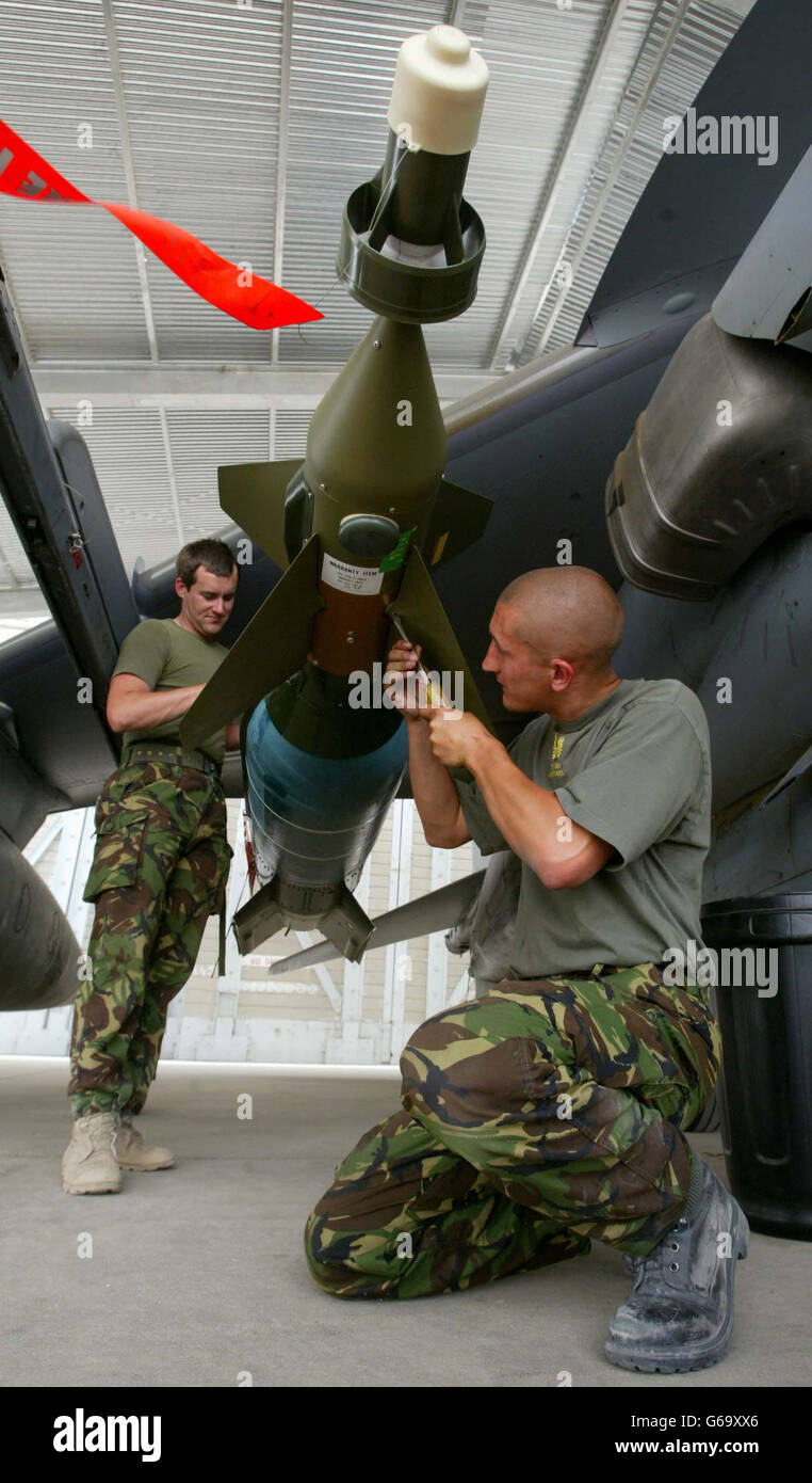 British Royal Air Force Harrier GR7 weapons technicians Cpl Gareth ...
