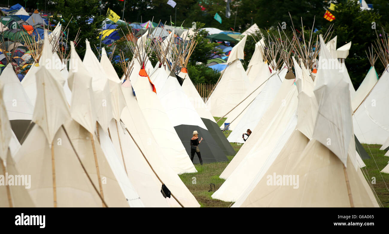 Teepee camping at the Glastonbury Festival, at Worthy Farm in Somerset ...