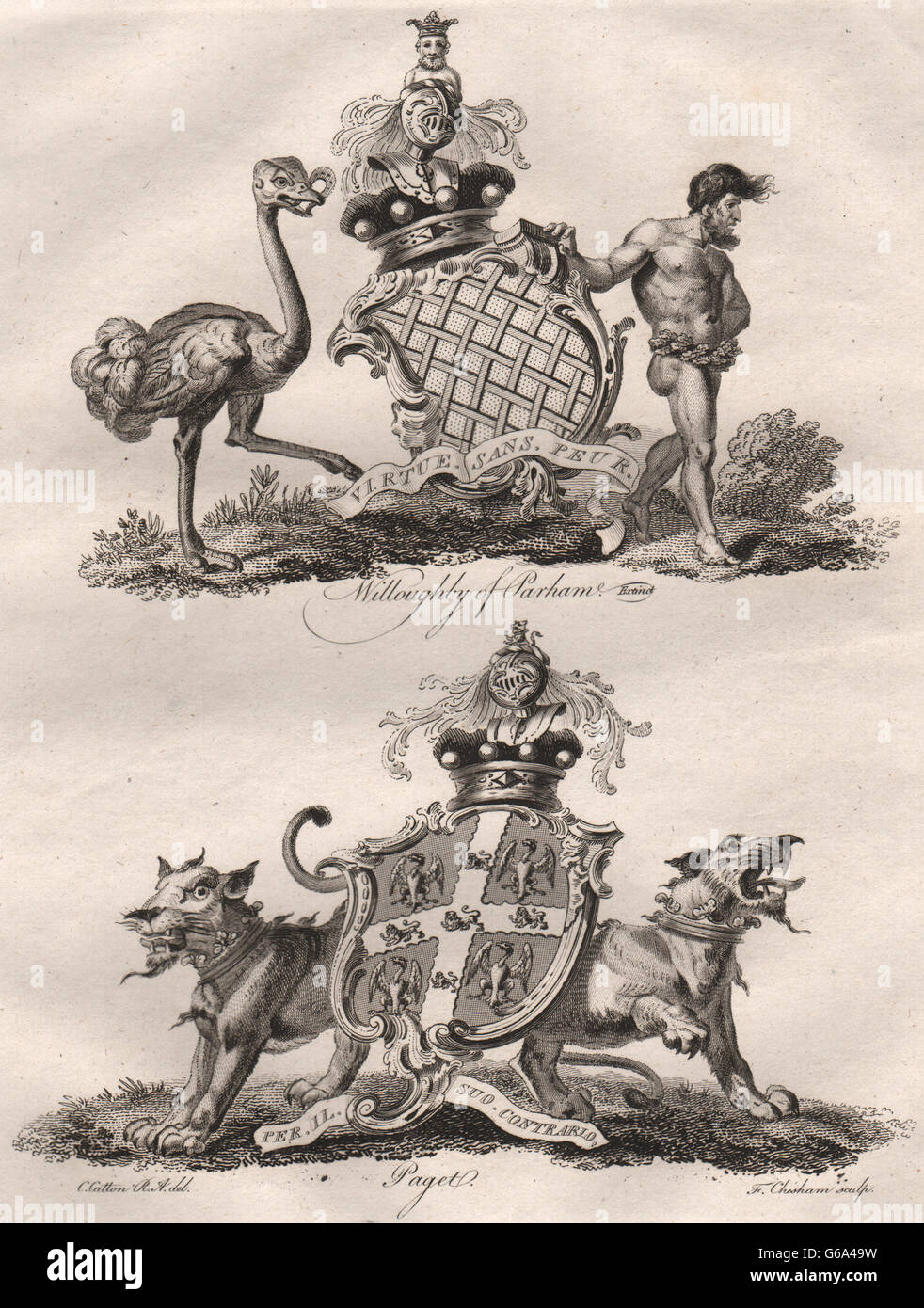 WILLOUGHBY OF PARHAM; PAGET: Coat of Arms. Heraldry, antique print 1790 ...