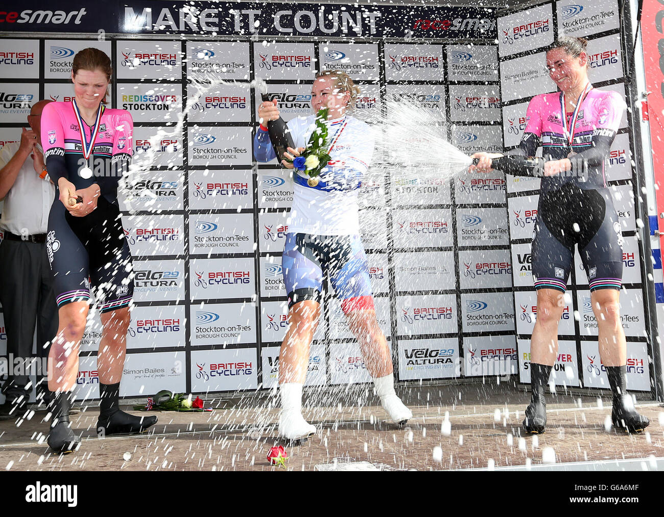Hayley Simmonds (centre) celebrates after winning the Women's time ...