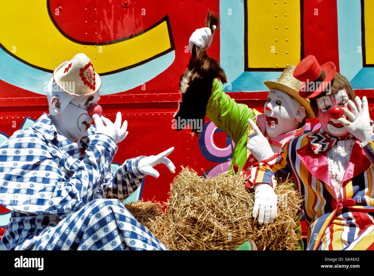 1970s THREE CIRCUS CLOWNS WITH SKUNK HOLDING NOSES SITTING ON BALE OF ...