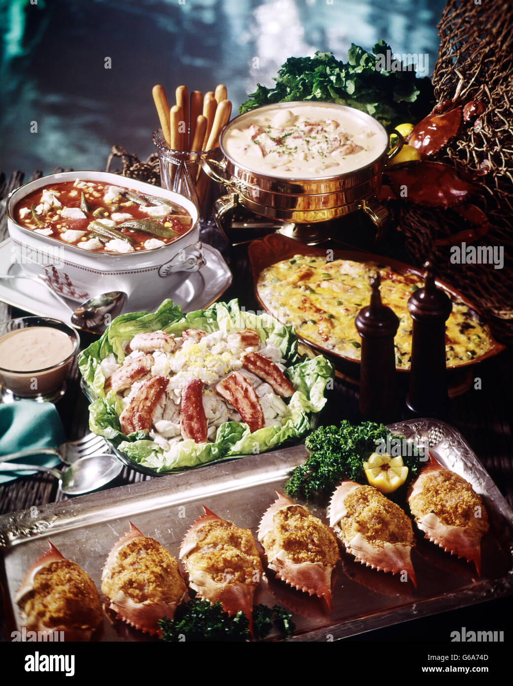 1970s 1980s ASSORTED SEAFOOD DISHES BUFFET DEVILED CRAB SHRIMP COCKTAIL ...
