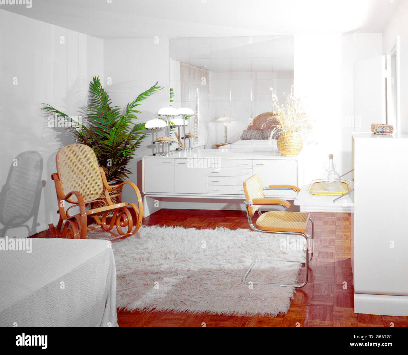 1970s BEDROOM WHITE LACQUER FURNITURE SHAG AREA RUG BENTWOOD ROCKING ...