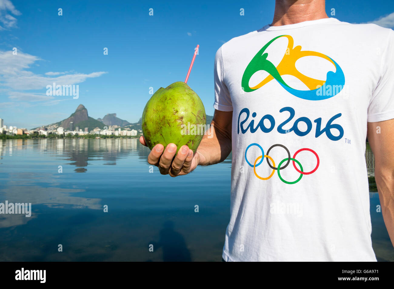 RIO DE JANEIRO - MARCH 10, 2016: Man wearing official Rio 2016 T-shirt ...