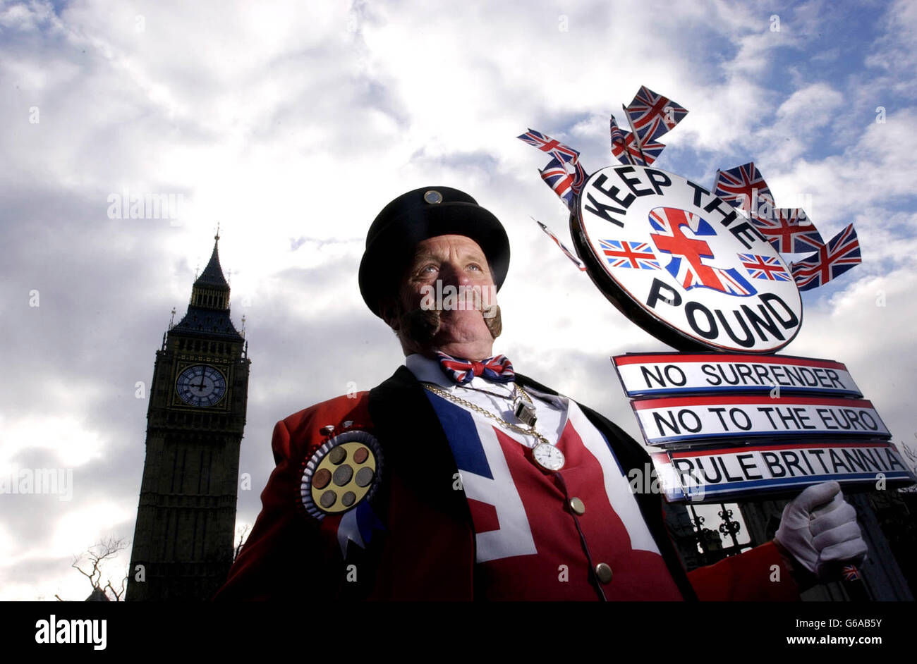 Ray Egan, dressed as John Bull, stages a Budget Day protest outside The ...