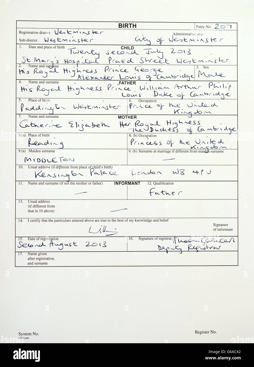 Royal birth certificate hi-res stock photography and images - Alamy
