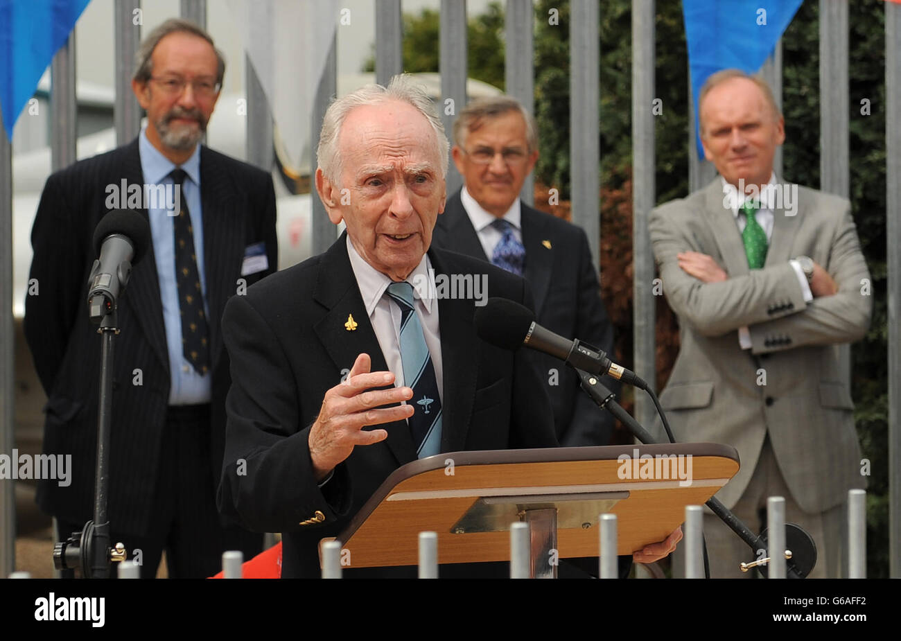 Wartime test-pilot Captain Eric "Winkle" Brown makes a speech in front ...