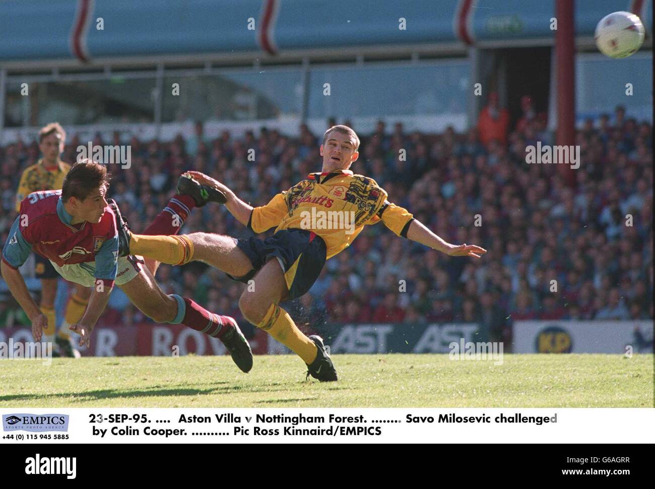 23-SEP-95. Aston Villa v Nottingham Forest. Savo Milosevic challenged ...
