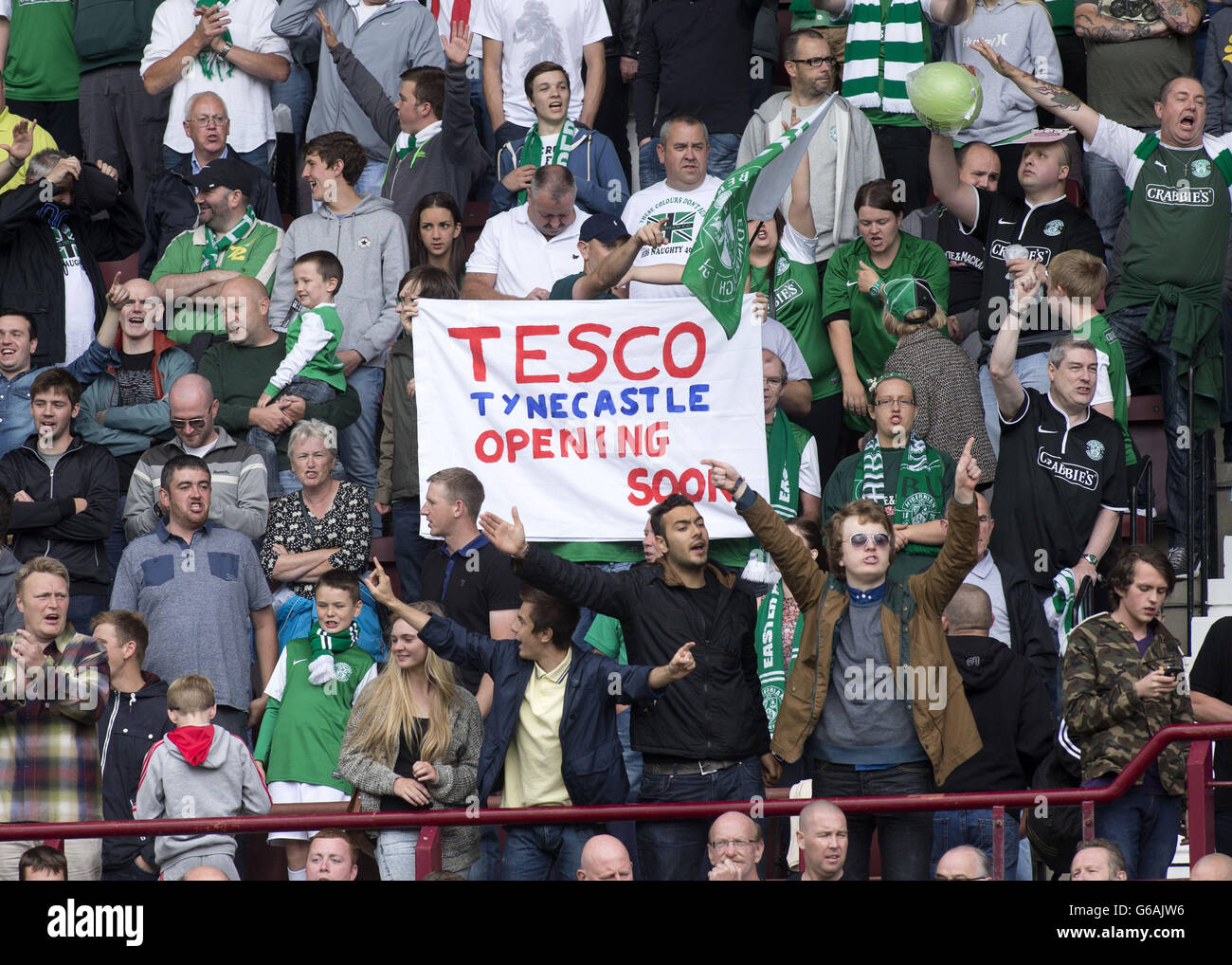 Hibernian fans taunt the Hearts fans with a banner during the Scottish ...