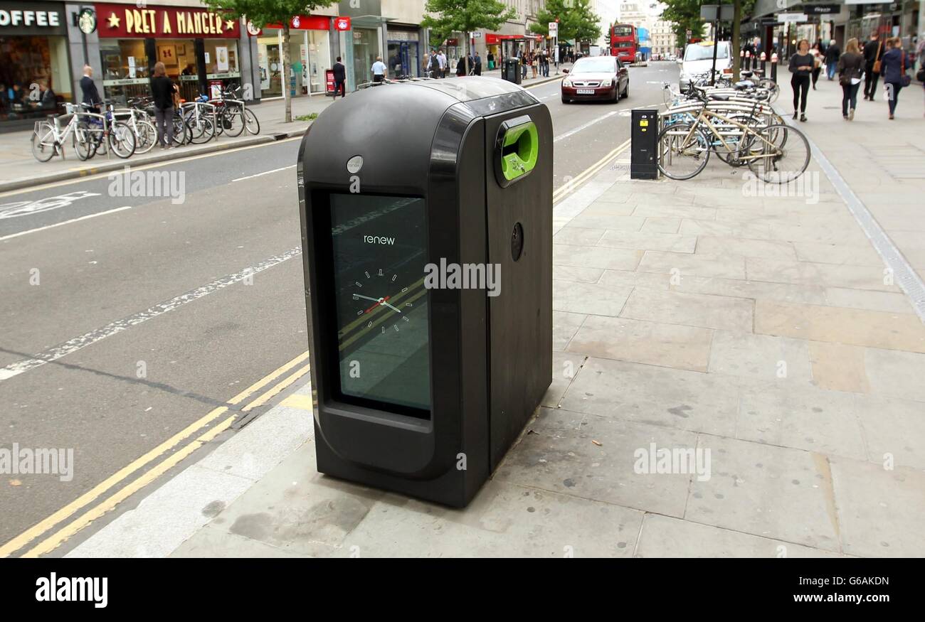 A rubbish bin equipped television screens showing public information hi ...