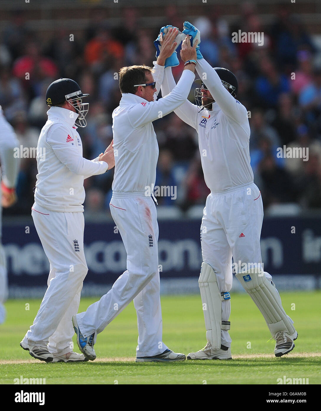 England's Graeme Swann celebrates with Matt Prior after taking the ...