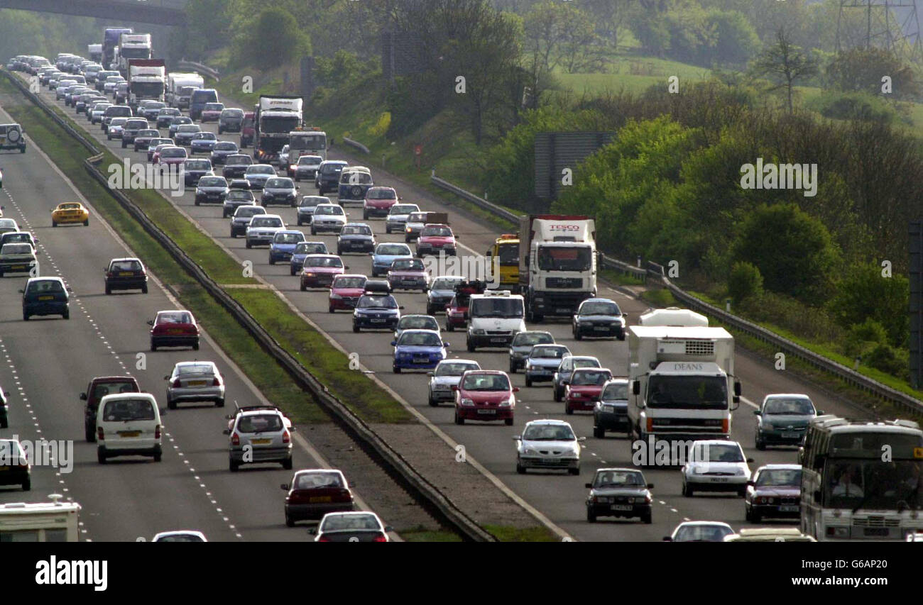 Heavy northbound traffic filling all three lanes of the M5 motorway ...