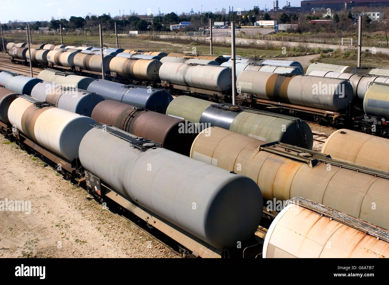 Trains and tanker wagons in a marshalling yard at Fos-sur-Mer in the ...
