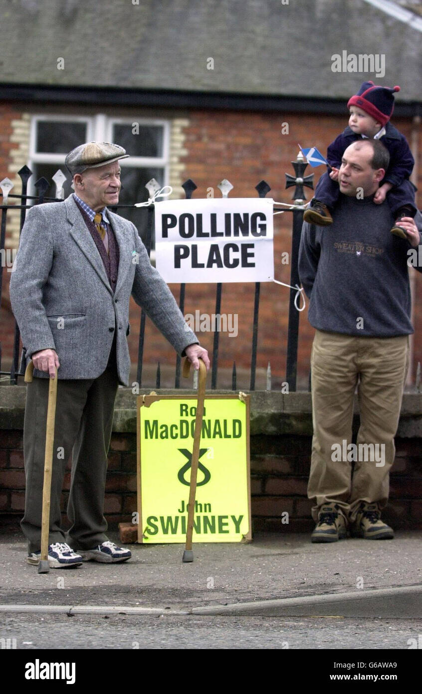 Pictured are SNP supporters Alex Goodall, son Lewis, aged 2 months, and ...