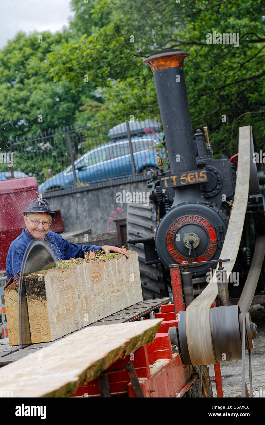 Man operating log slide on a Burrell Steam Power Belt Driven Log Saw ...
