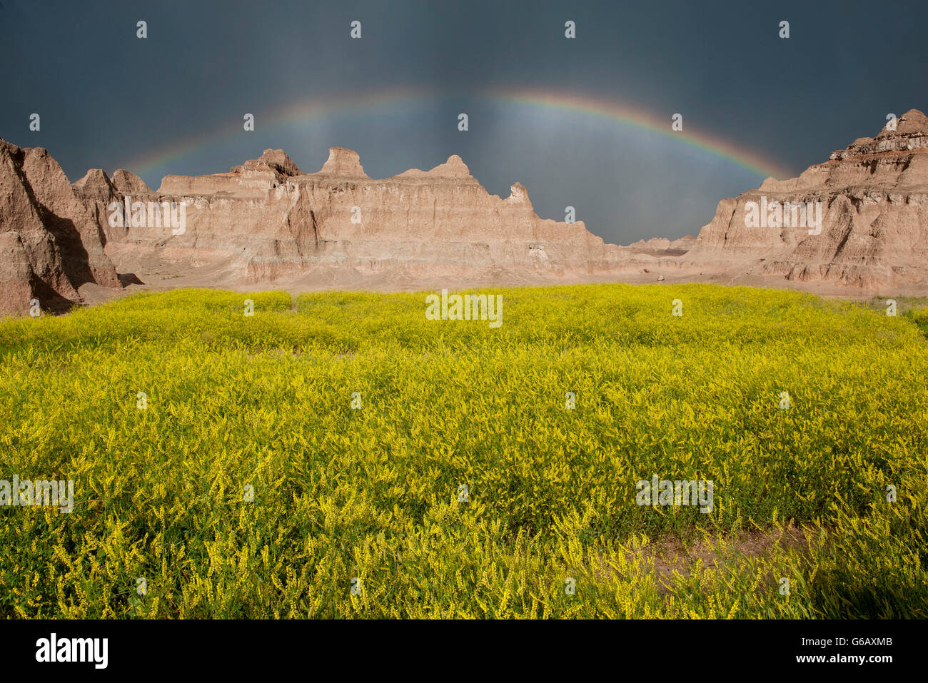 Rainbow over buttes in Badlands National Park, South Dakota, USA Stock ...