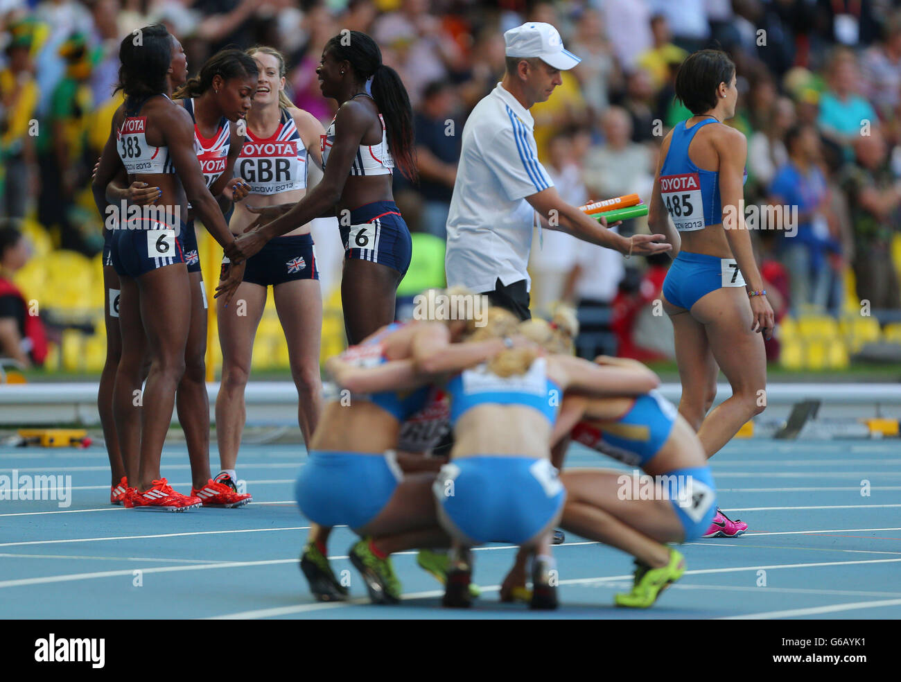 Great Britain's Womens 4x400 relay team celebrate their bronze medal ...