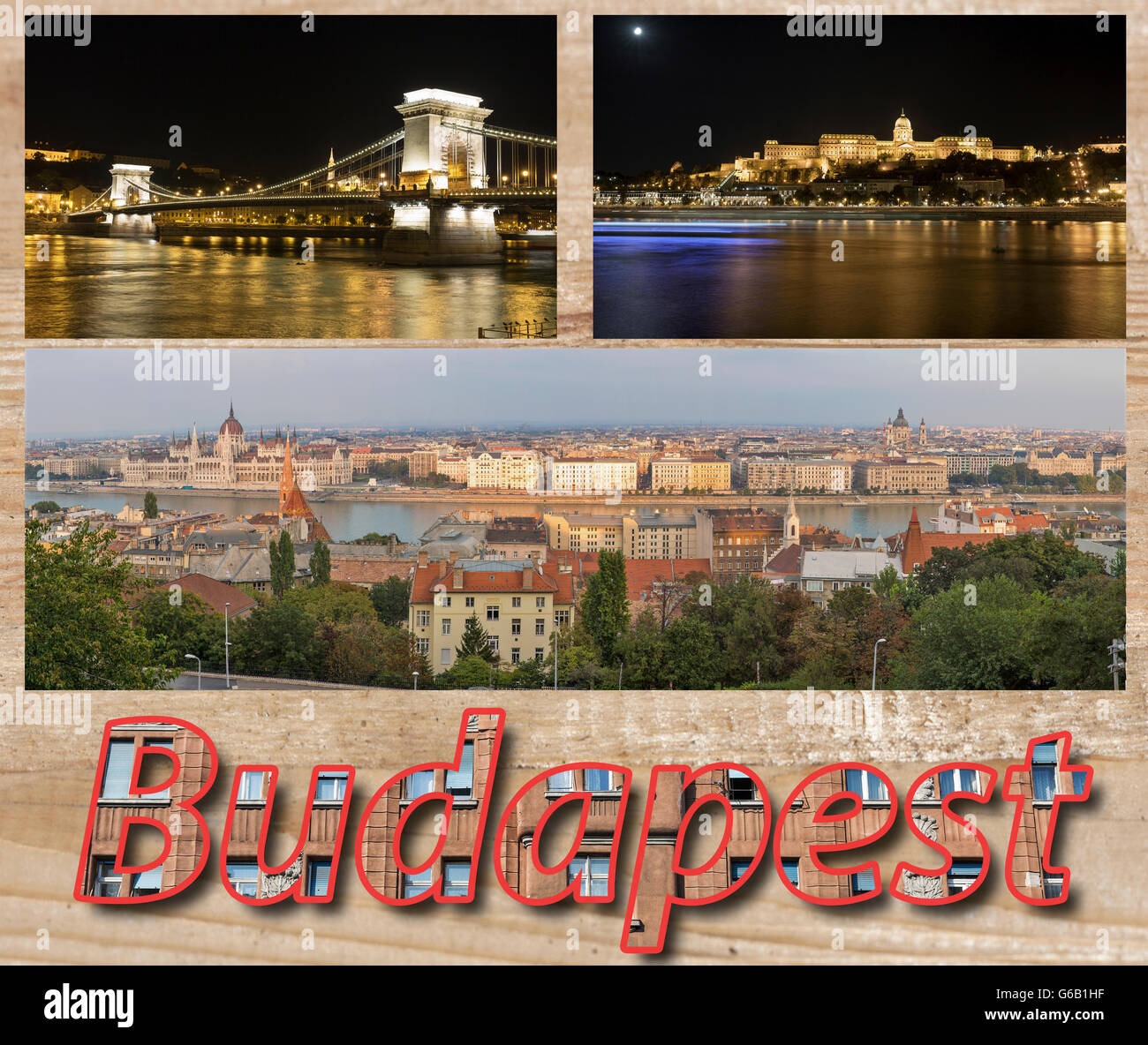 Famous Places in Budapest, Hungary. Collage against wooden background ...