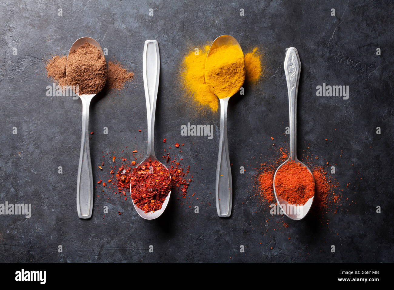 Colorful spices in spoons. Top view Stock Photo - Alamy