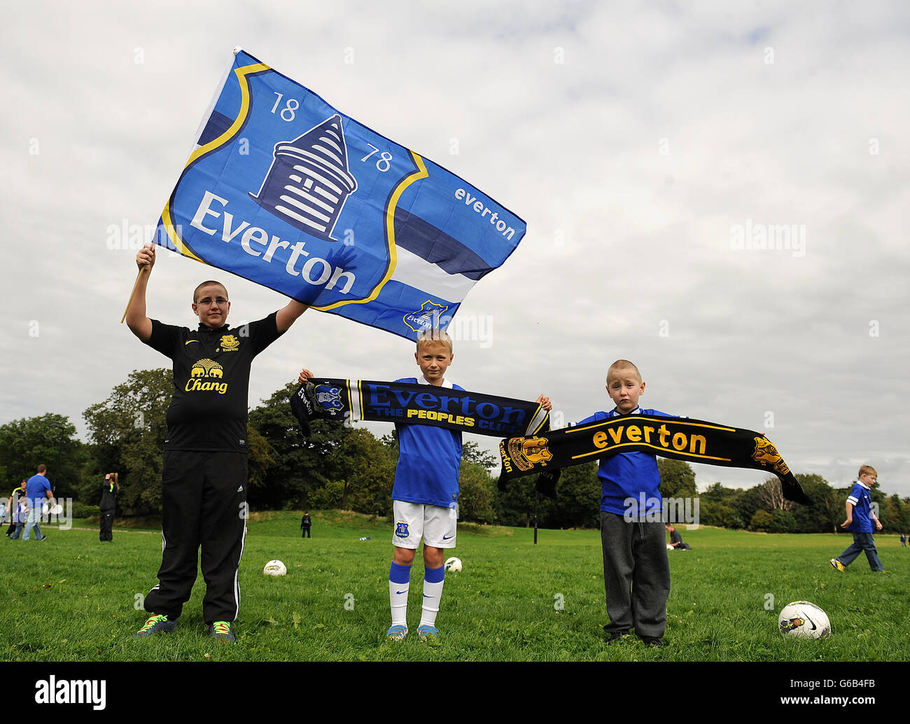 Everton fans pose with a flag during a Martinez March at Everton Park ...
