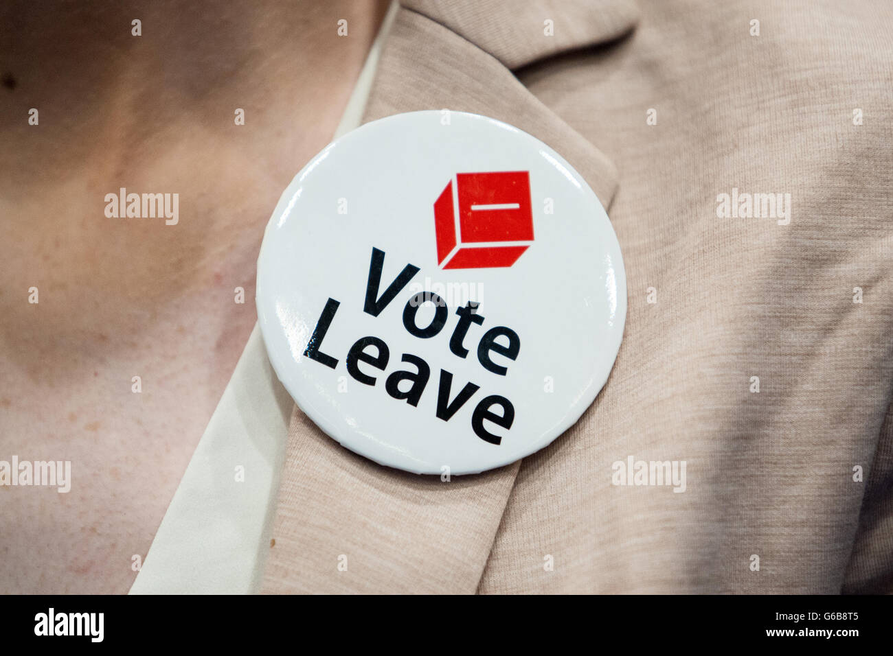 Belfast, UK. 23rd June, 2016. Woman wearing a Vote Leave badge at the ...