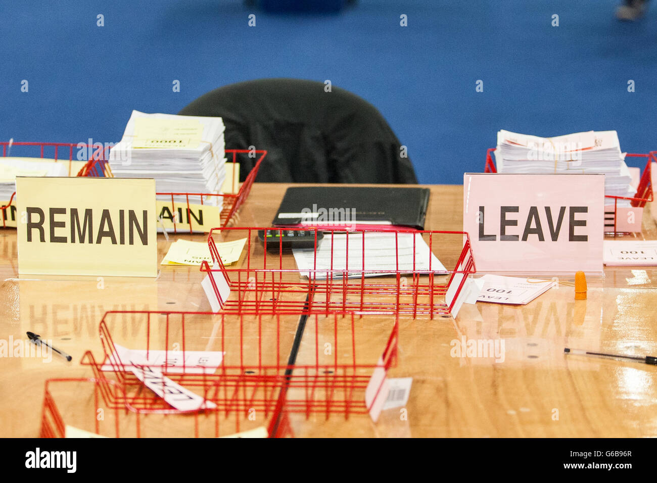 Belfast, UK. 24th June, 2016. Leave Remain ballot papers after the EU ...