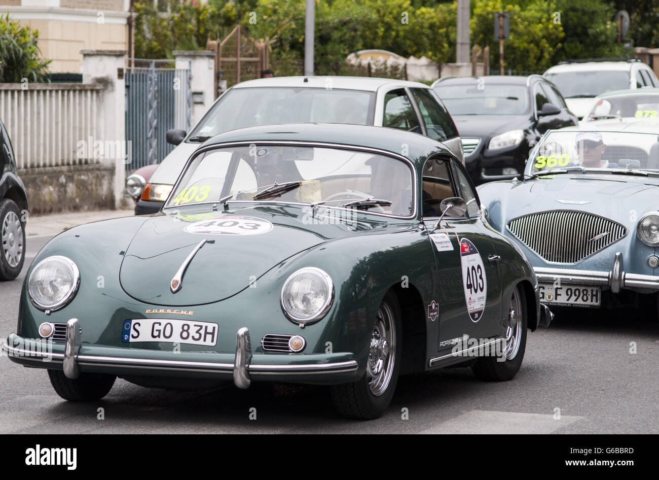 FANO, ITALY - MAY 16: Porsche 356 A 1600 old racing car in rally Mille ...