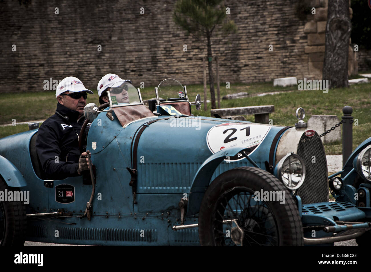 FANO, ITALY - MAY 16: Bugatti T 35A 1926 old racing car in rally Mille ...