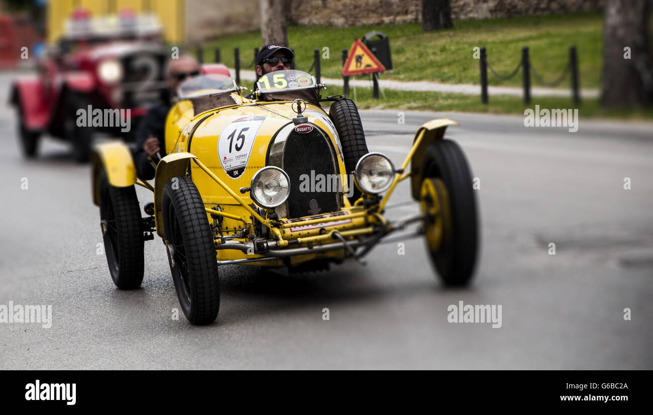 FANO, ITALY - MAY 16: Bugatti T 35A old racing car in rally Mille ...