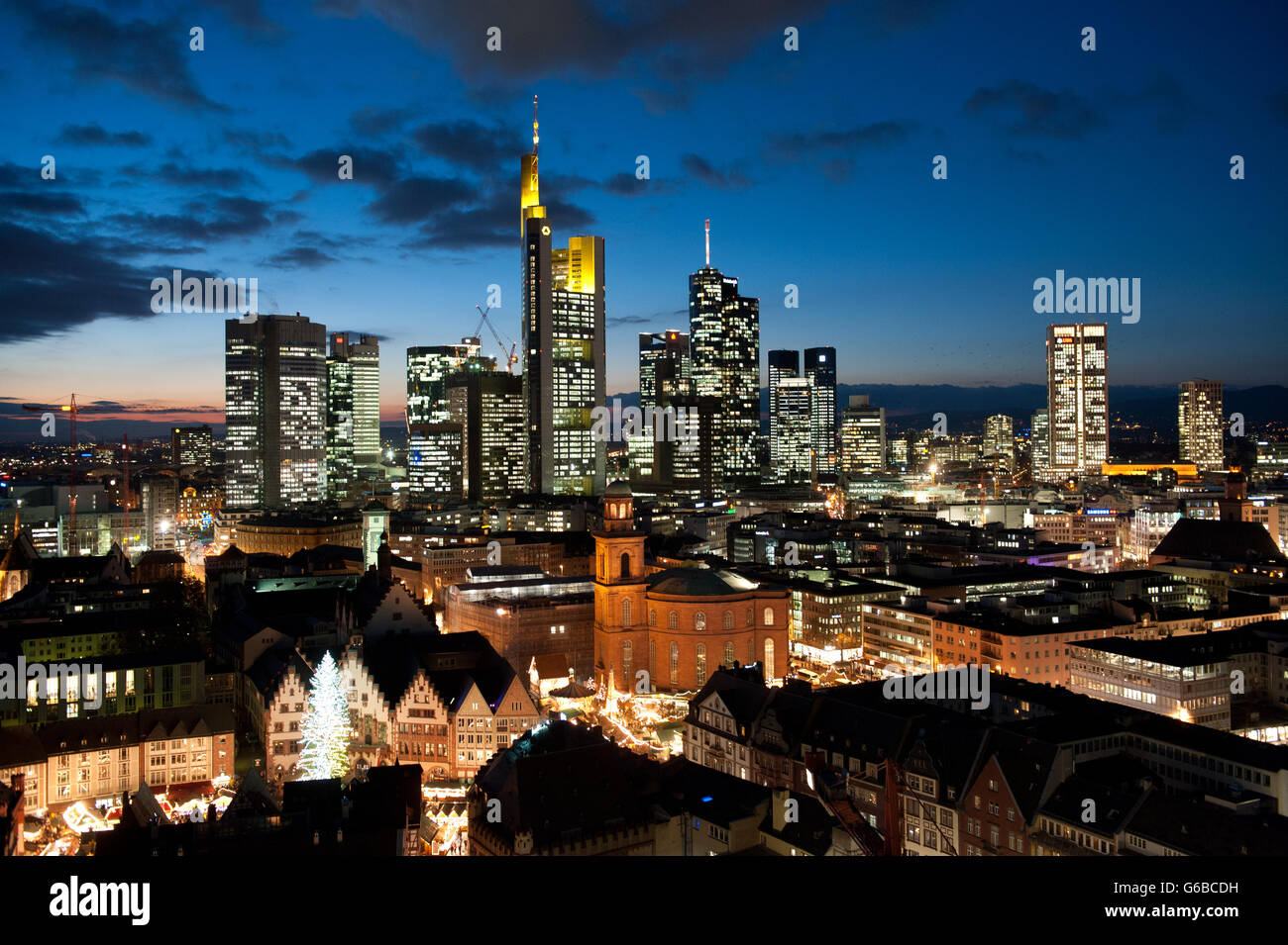 Skyline of Frankfurt am Main and parts of the old city (foreground) are ...