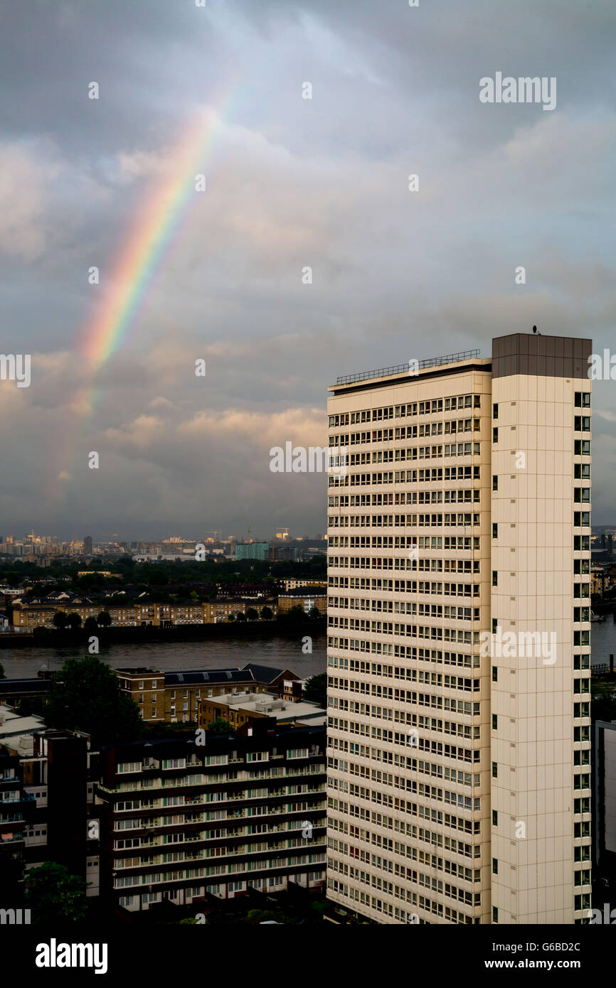 London, UK. 23rd June, 2016. UK Weather: Colourful rainbow breaks after ...