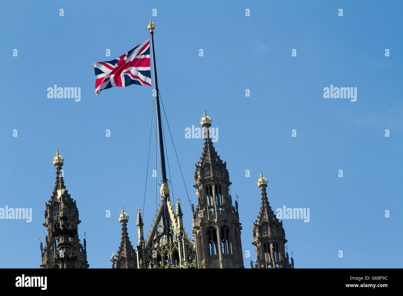Westminster London,UK. 24th June 2016. The Union Jack flag flies over ...