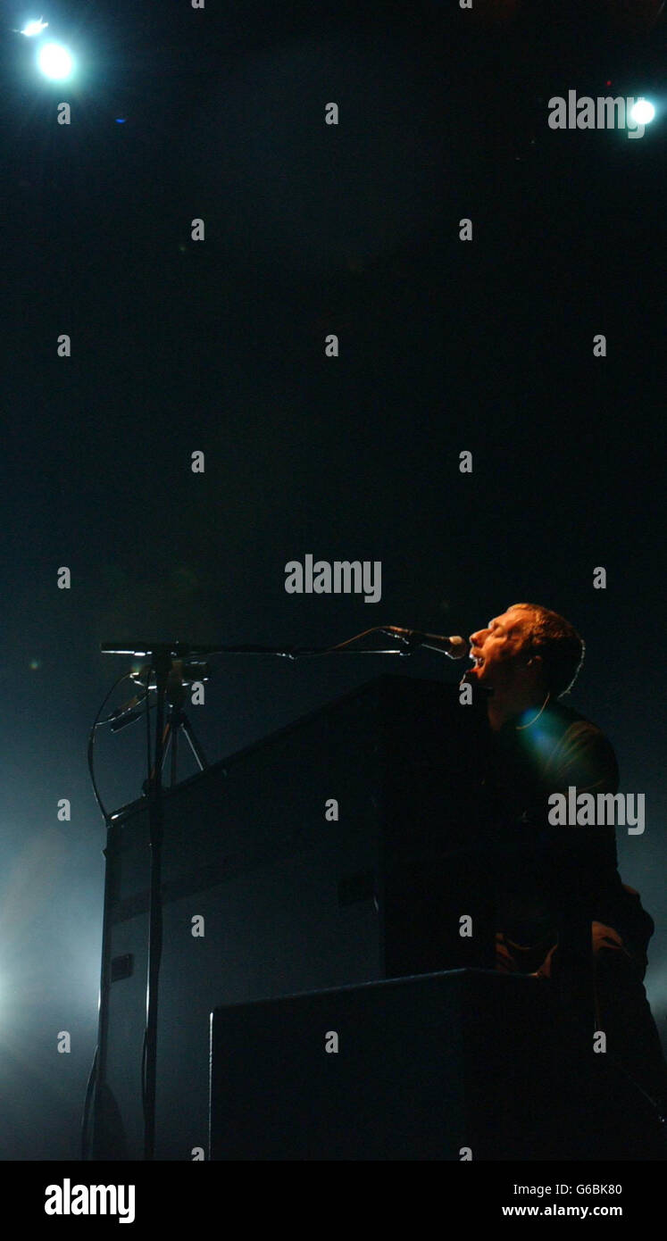 Chris Martin, lead singer of rock band Coldplay performing live at ...