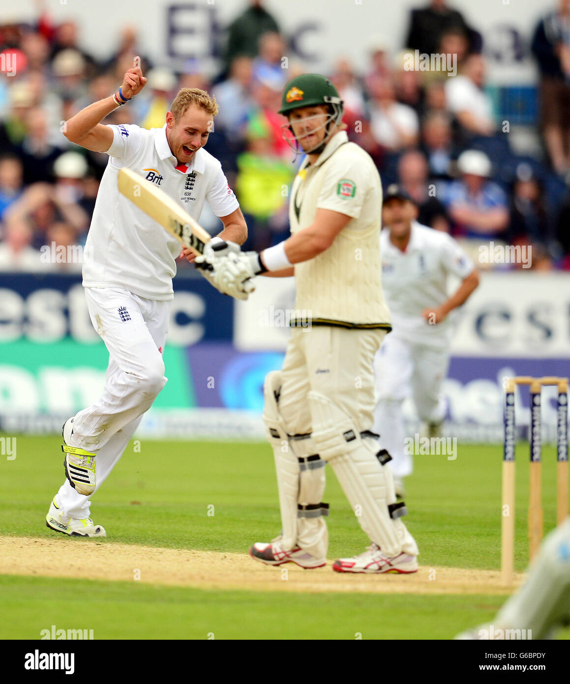 Englands stuart broad celebrates the wicket of australias shane watson ...